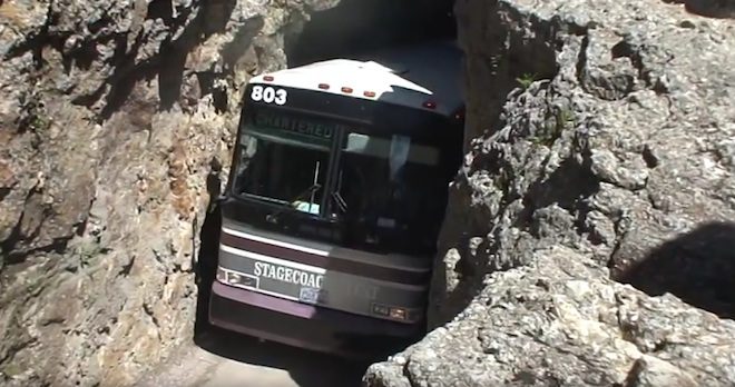 Bus Driver With Nerves Of Steel Maneuvers Through 'Needles' Rock Tunnel